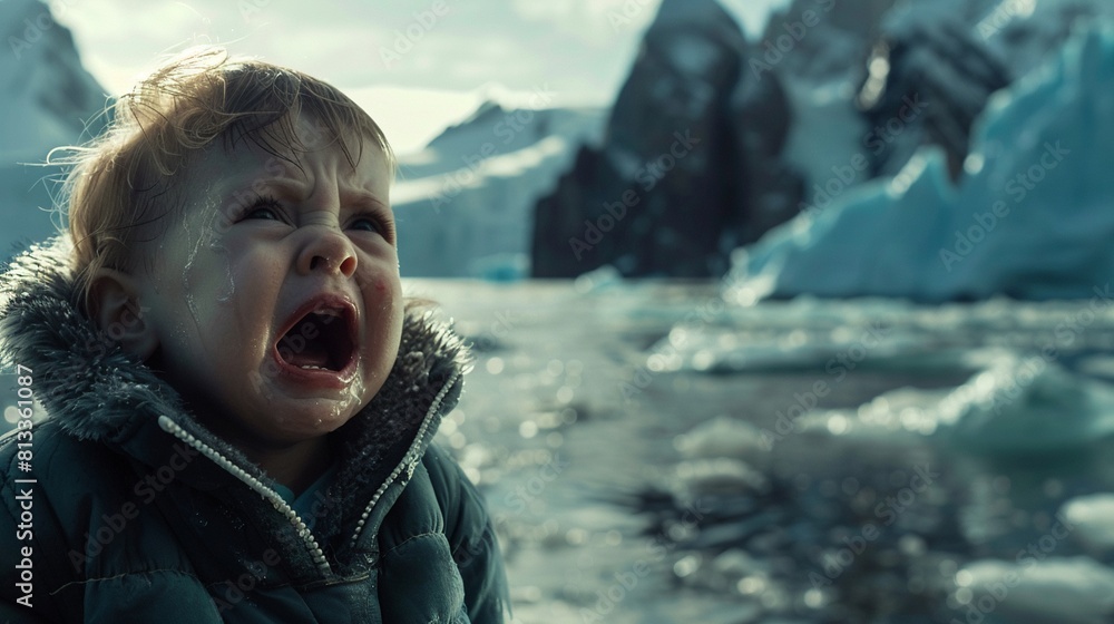 A closeup of a crying baby, tears streaming down their cheeks, set ...
