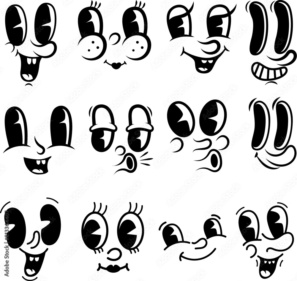 Set of cartoon faces, funny characters. Old style animation eyes, mouth ...