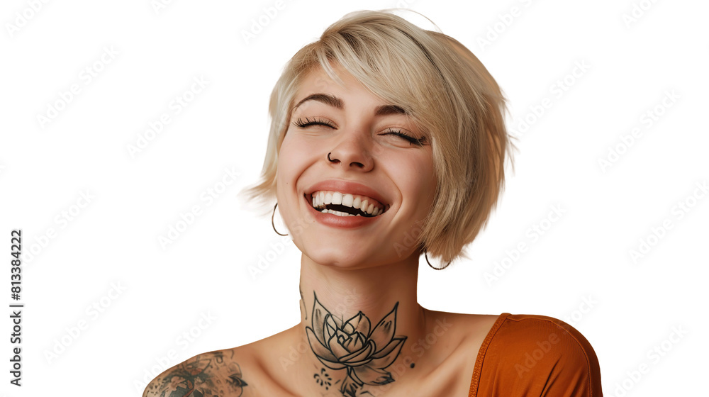 Smiling blond pretty happy girl beauty female generation z tattooed ...