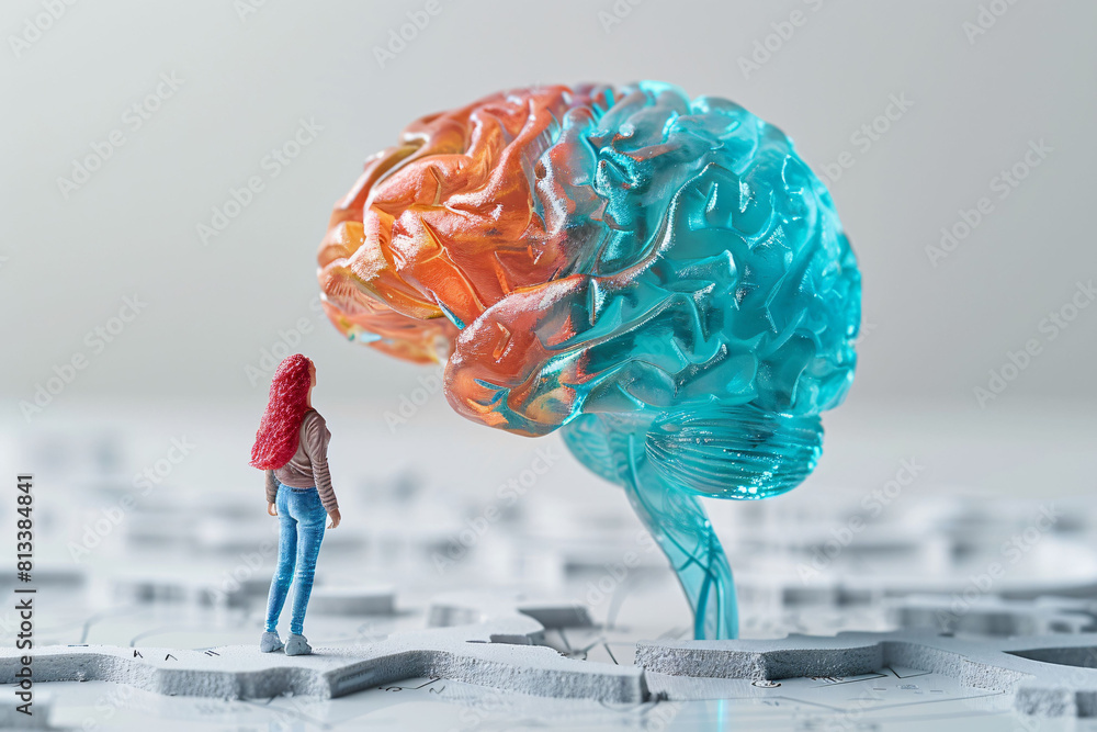 Tiny figure of woman facing large brain model, symbolizing cognitive ...