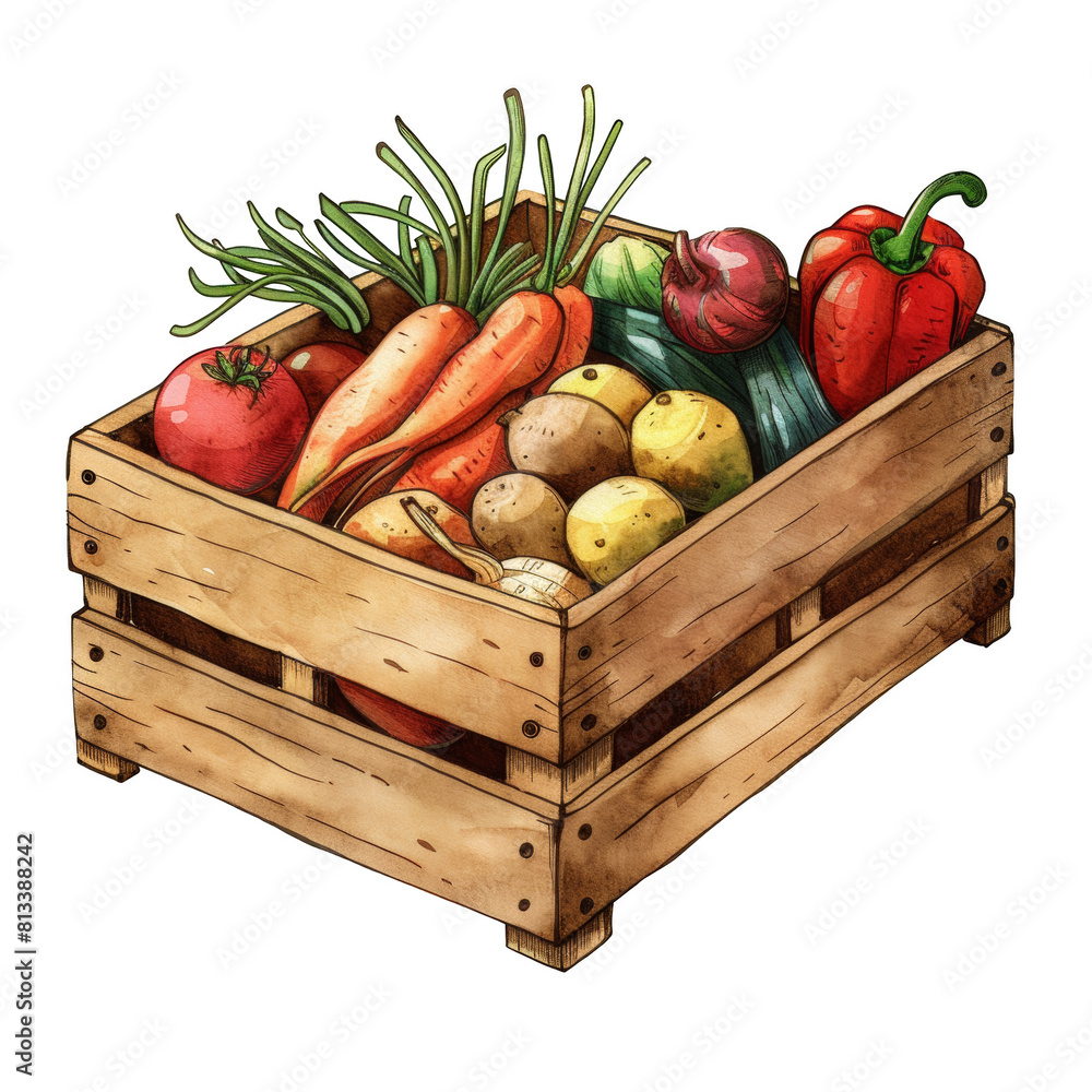 wooden box with vegetables, watercolor clipart isolated on white ...