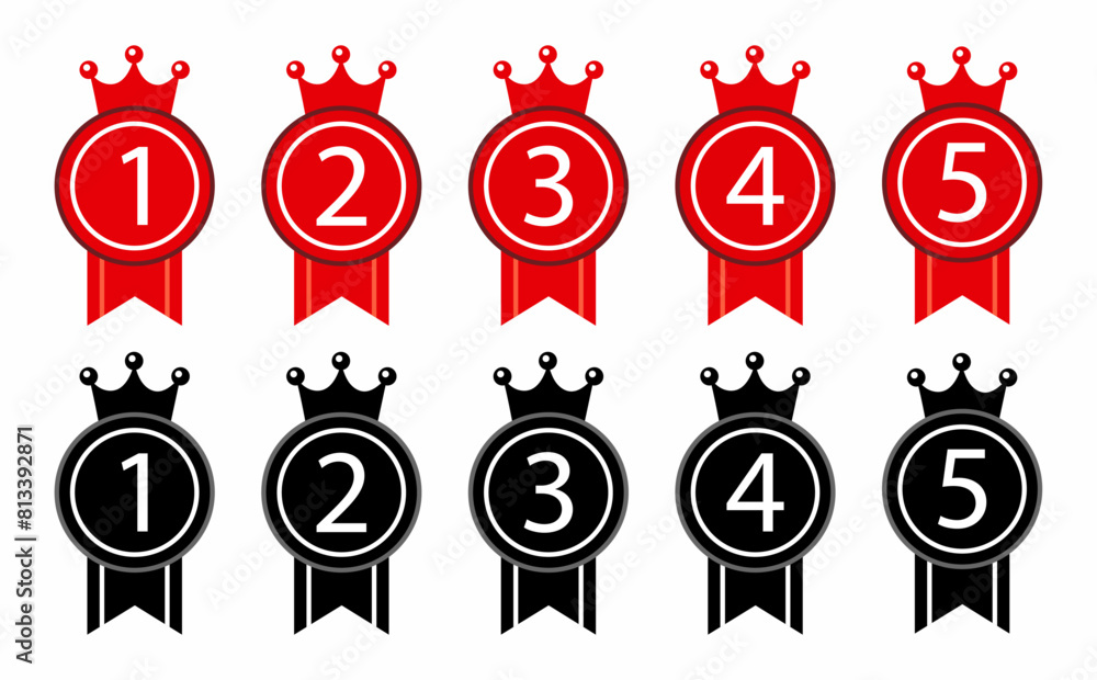 Ranking medal ribbon and crown vector icon set. 1, 2, 3, 4, 5 winner ...