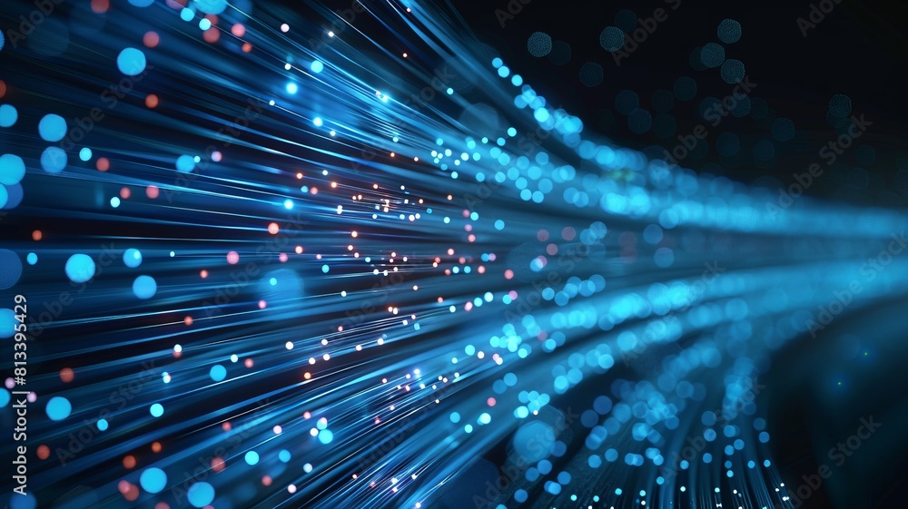 Light transmission in fiber optics, side view, data flowing at high ...