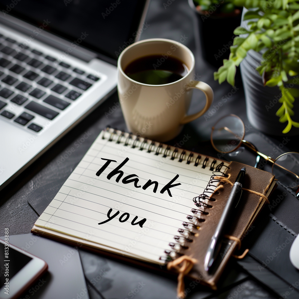 Professional thank you note beside a laptop and coffee in an office ...