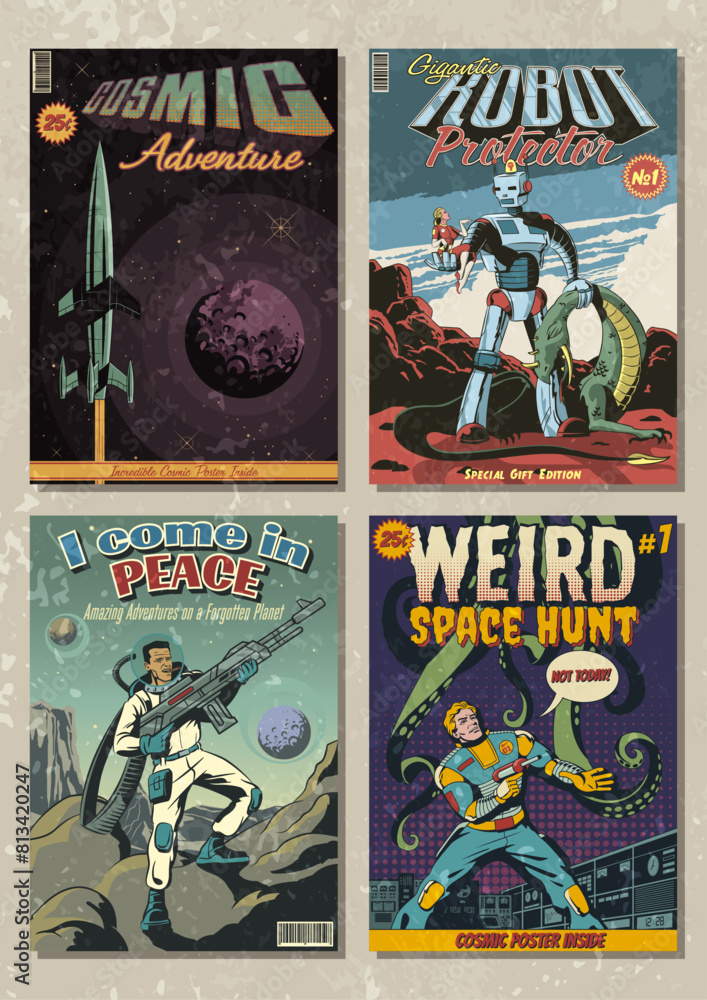 Old Fantastic Comics Cover Set. Retro Future Cosmic Style Illustrations ...