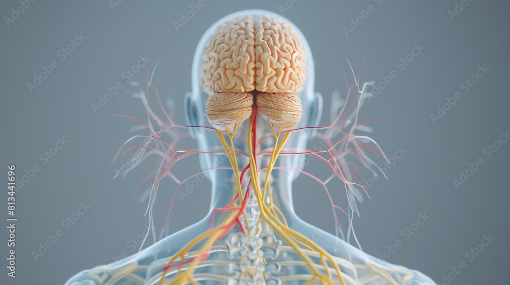A 3D representation of the human brain's nervous system featuring ...