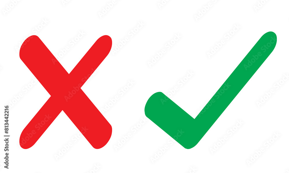 Green tick mark and red cross mark badge on white background, approval ...