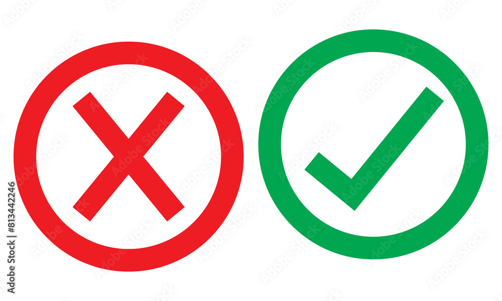 Green tick mark and red cross mark badge on white background, approval ...