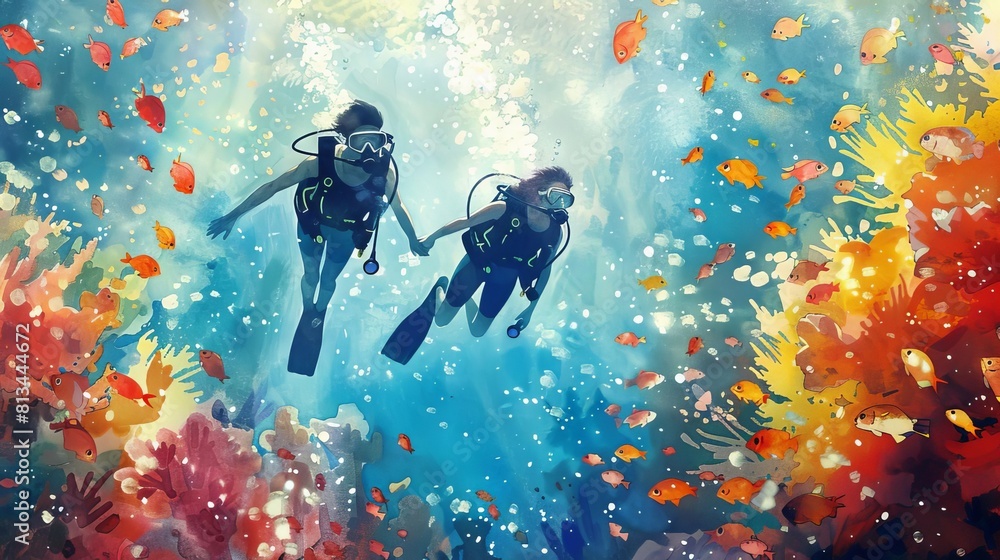 89 Adventurous couple scuba diving in the Great Barrier Reef, exploring ...