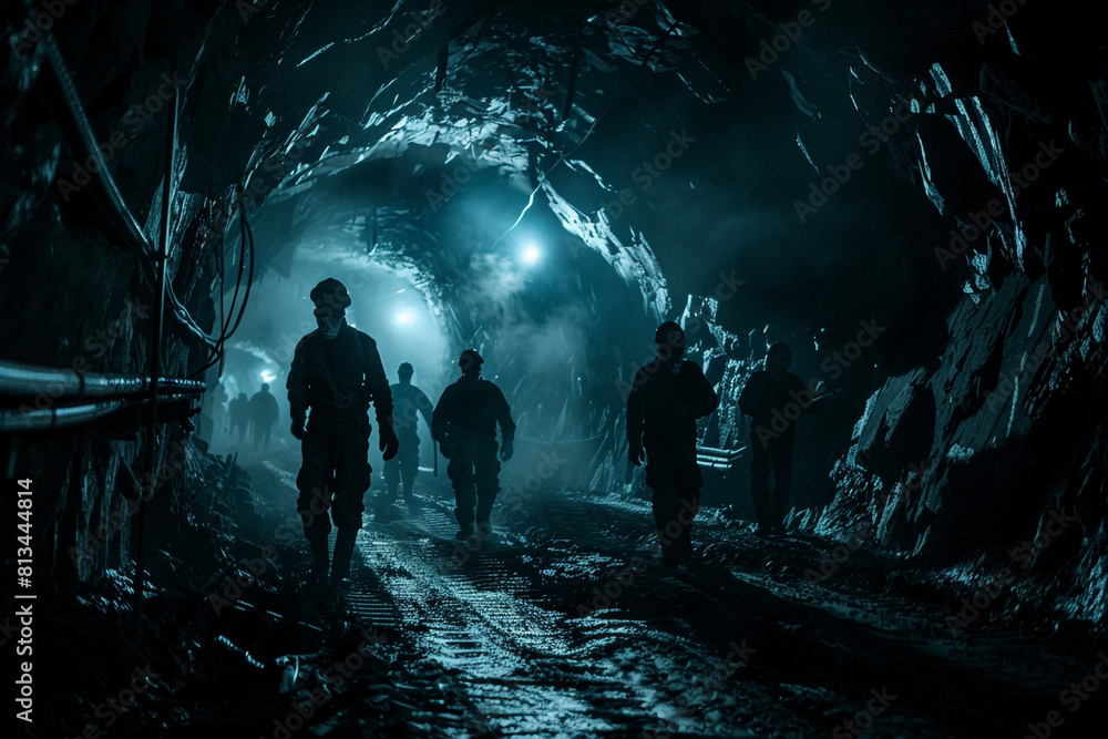 A group of miners collaborating and working together in a dark ...