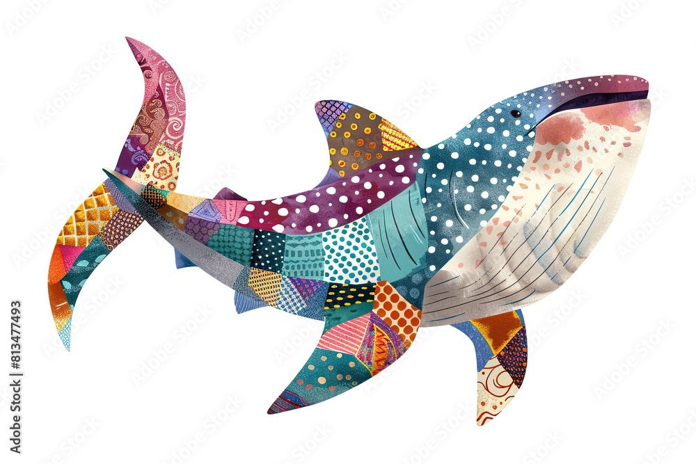 Cute Whale shark with colorful patchwork geometric pattern and abstract ...
