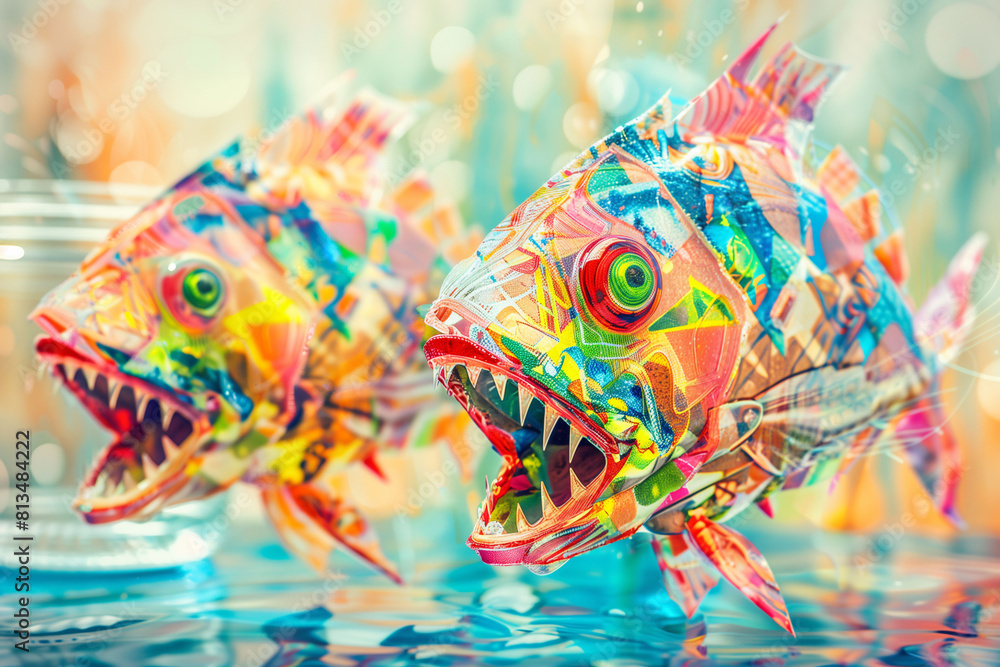 Two vibrant, sharp-toothed fish made entirely of plastic fragments ...