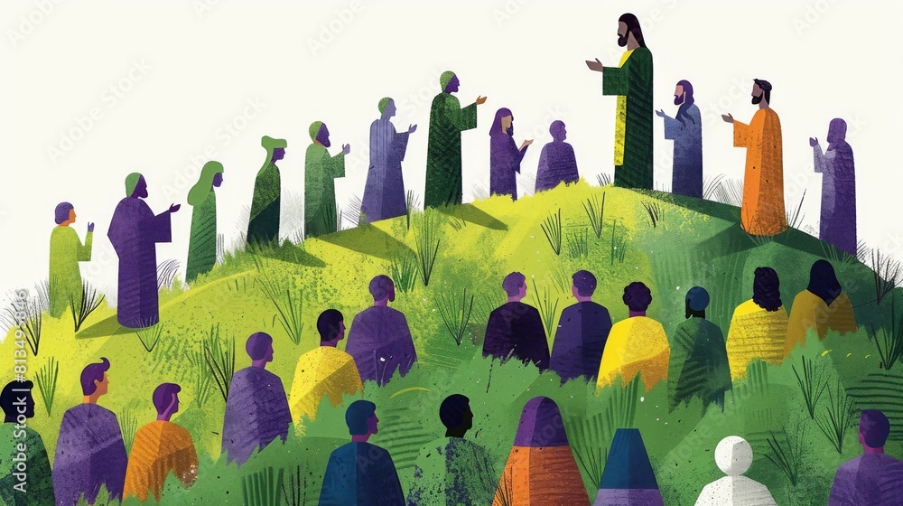 Illustration depicting a scene with a figure resembling Jesus preaching ...