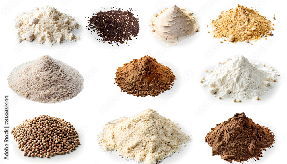 Different types of flour on white background, top and side views Stock ...