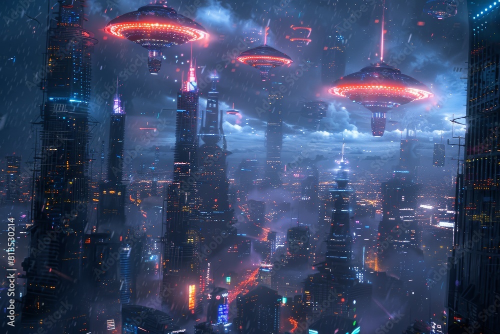 Sparkling UFO armada descending on a cyberpunk galaxy city, neonlit ...