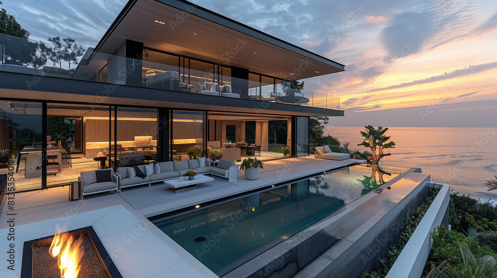 Modern luxury mansion with outdoor fireplace overlooking the ocean at ...