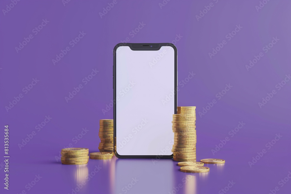 3d mobile phone mockup with blank screen and stacks of golden coins in ...