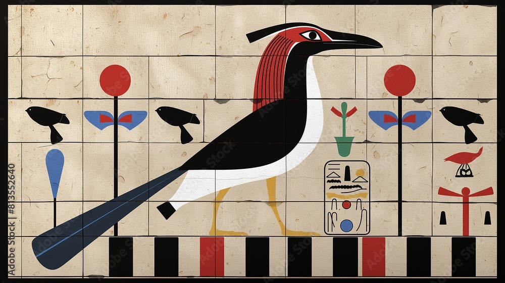 Colorful depiction of Ancient Egyptian hieroglyphs with a prominent ...