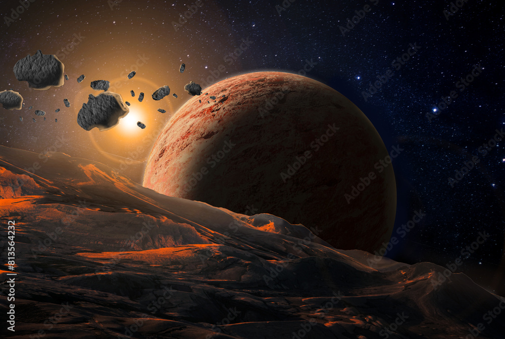 outer space cinematic scenery of colliding planets that ejecting small ...