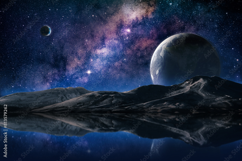 Universe landscape with galaxies and planets, mysterious alien planets ...