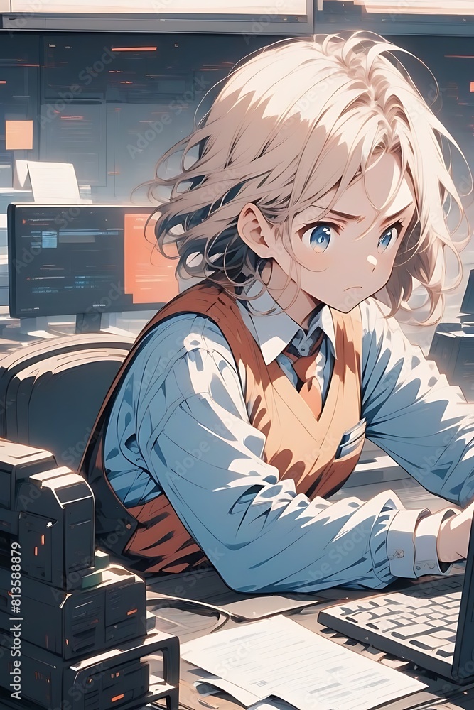 An anime girl office worker diligently typing away on a computer with a ...