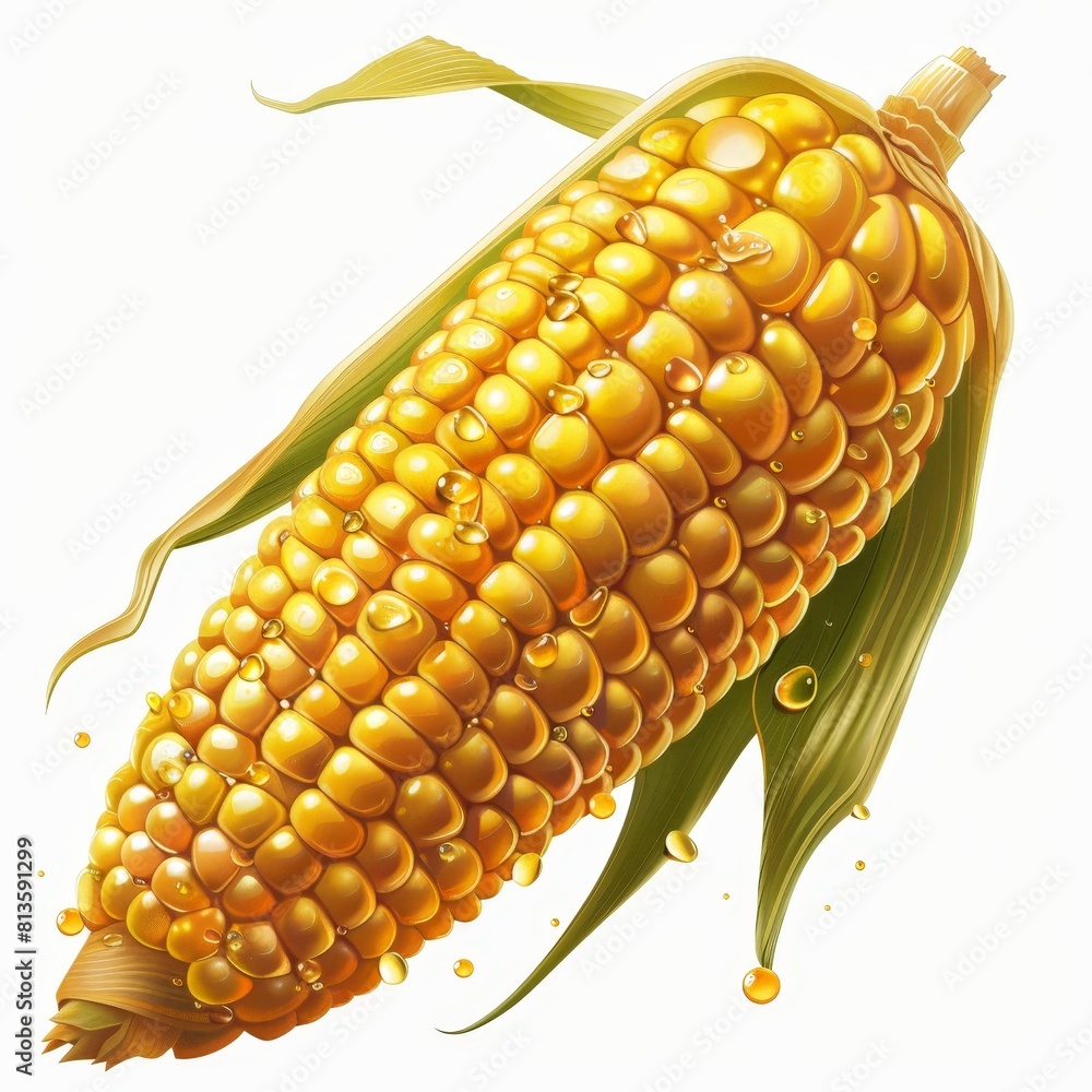 Ear of corn with oil drops dripping isolated on a white background ...