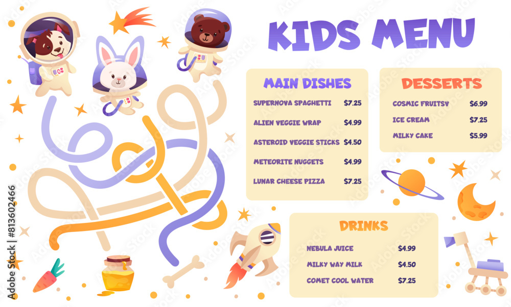 Kids menu with cute character animal in spacesuit, planets and rocket ...