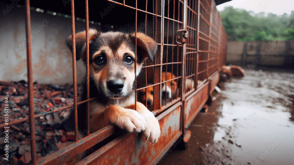 Stockillustratie Sad stray homeless dog in an animal shelter cage. A ...