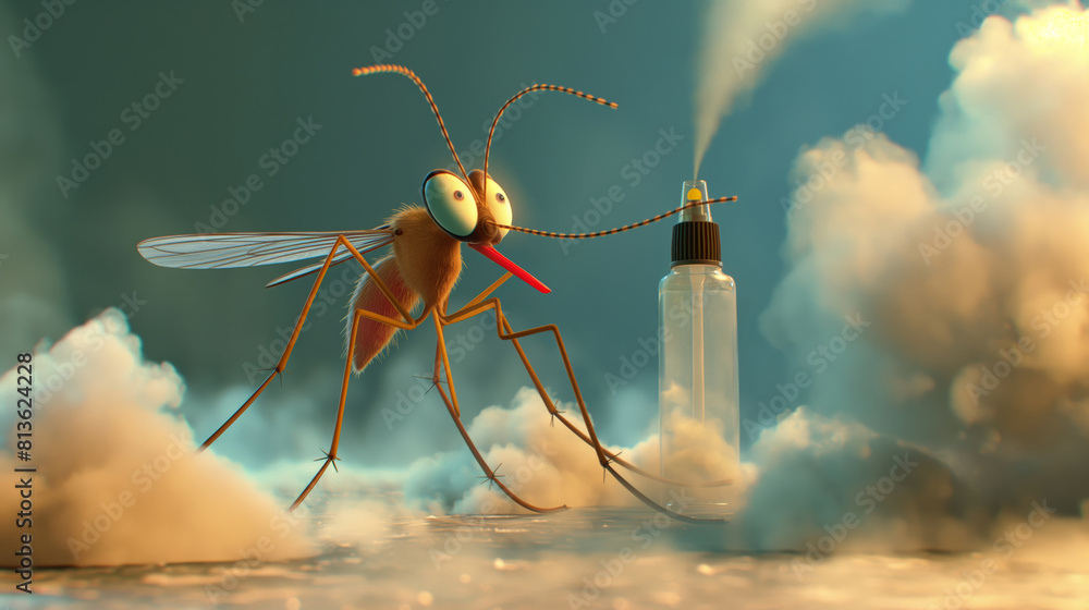 Cartoon style 3d scared mosquito and anti-mosquito spray. Mosquito in ...