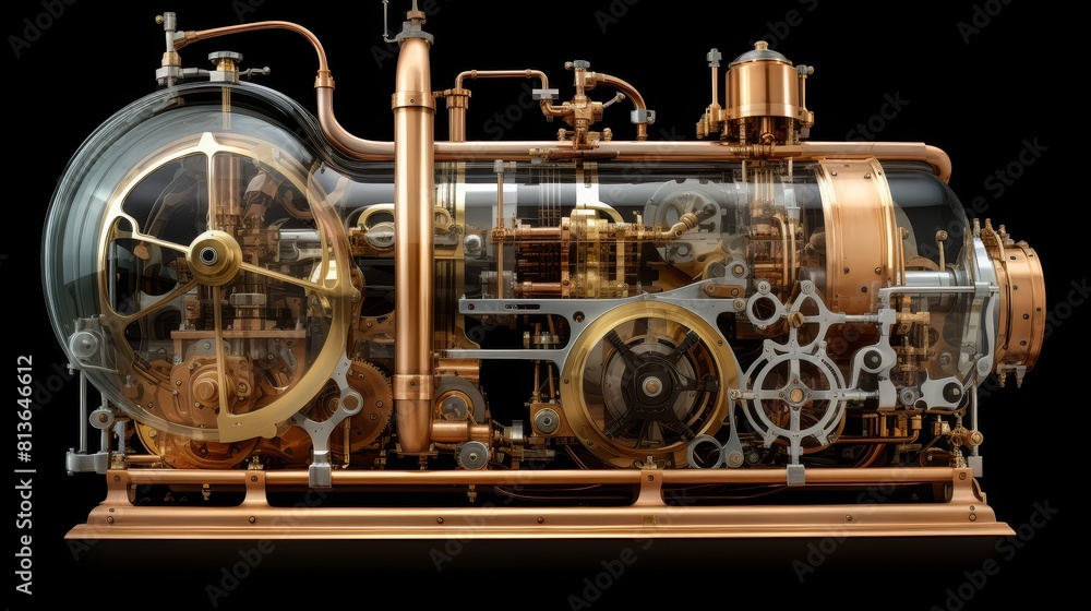 Vintage steam engine design with brass and copper components, featuring ...