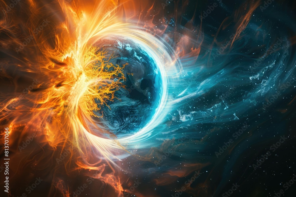 Impact of solar storm on Earths magnetic field top view showing ...