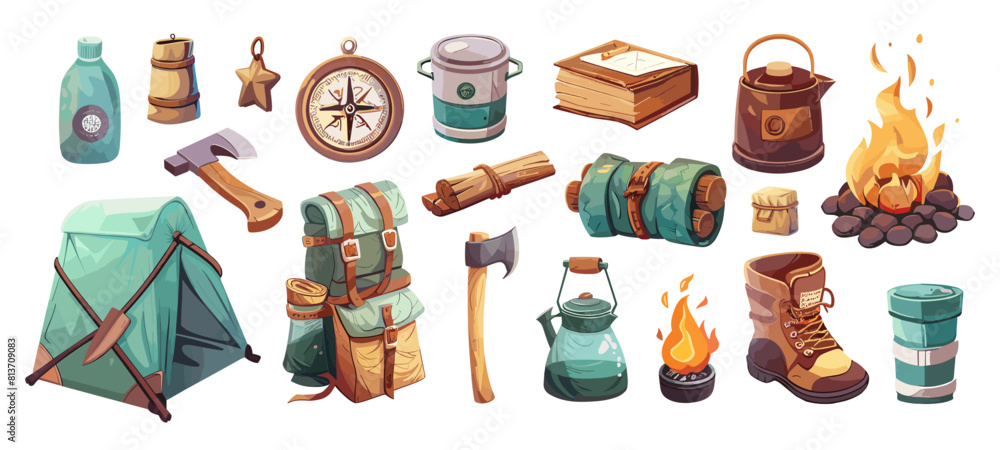 Cartoon Camping Accessories Set. Axe, Backpack, Campfire, Tent, Compass ...