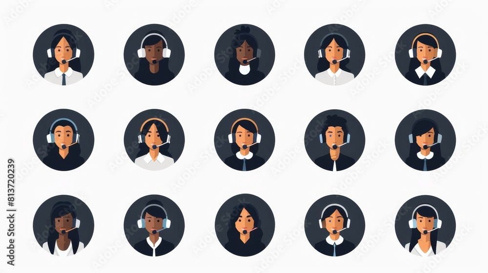 Call center workers, hotline operators, women, and men with headset portraits isolated on white ...