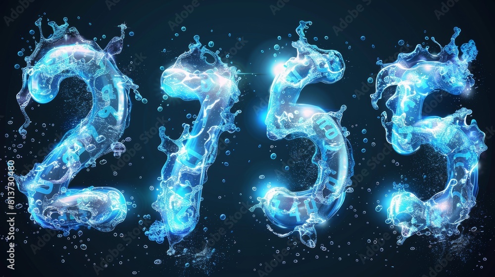 A water font with blue bubbles shaped like numbers. Liquid gel numeral ...