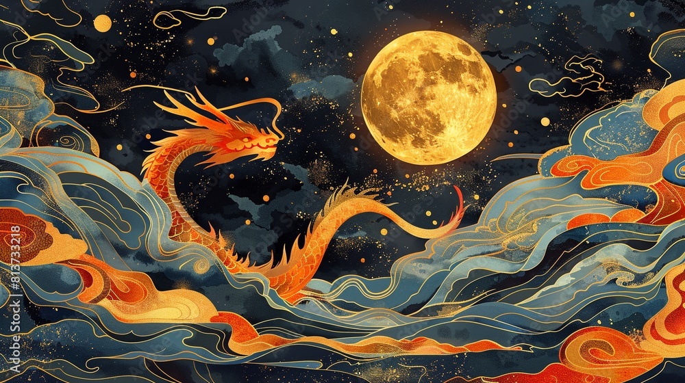 Graceful golden moon dragon soaring in the night sky flat design top ...