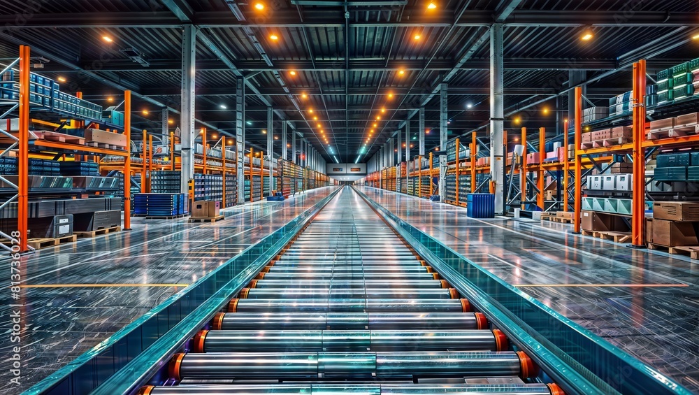 An organized, well-lit warehouse with a long aisle lined with orange ...