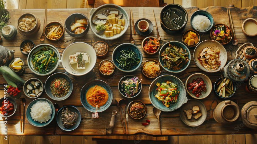 a depiction of a traditional Korean temple cuisine spread on a wooden ...