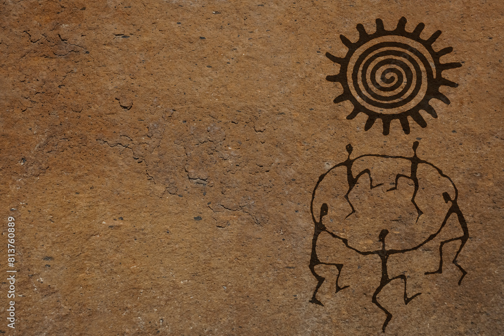 sun worshipers. scene with five men performing ritual dancing. mural ...