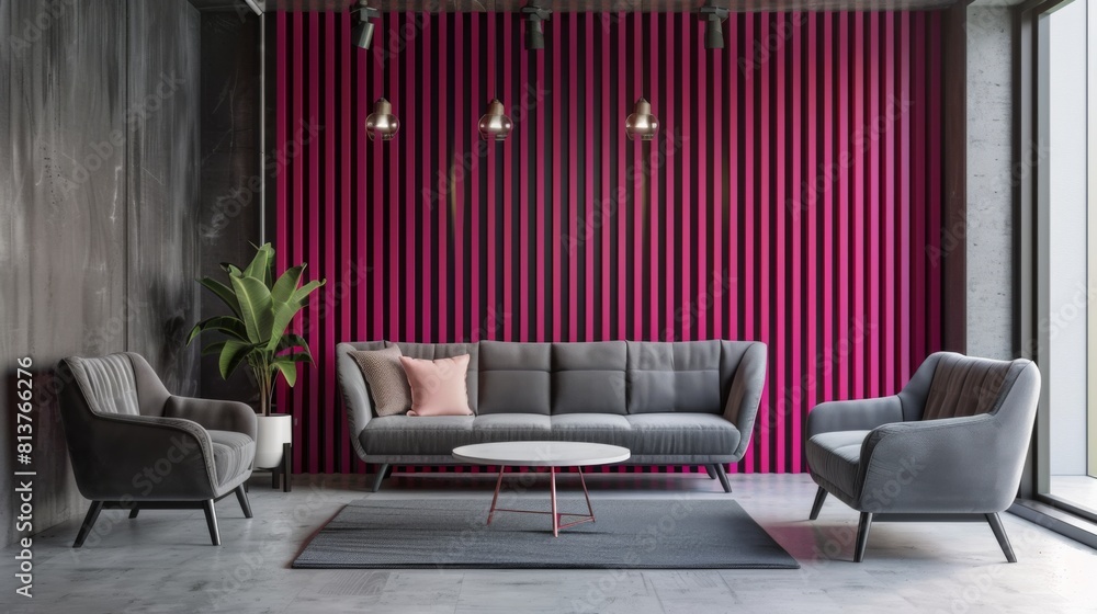 Room interior in viva magenta color. Crimson background and gray ...