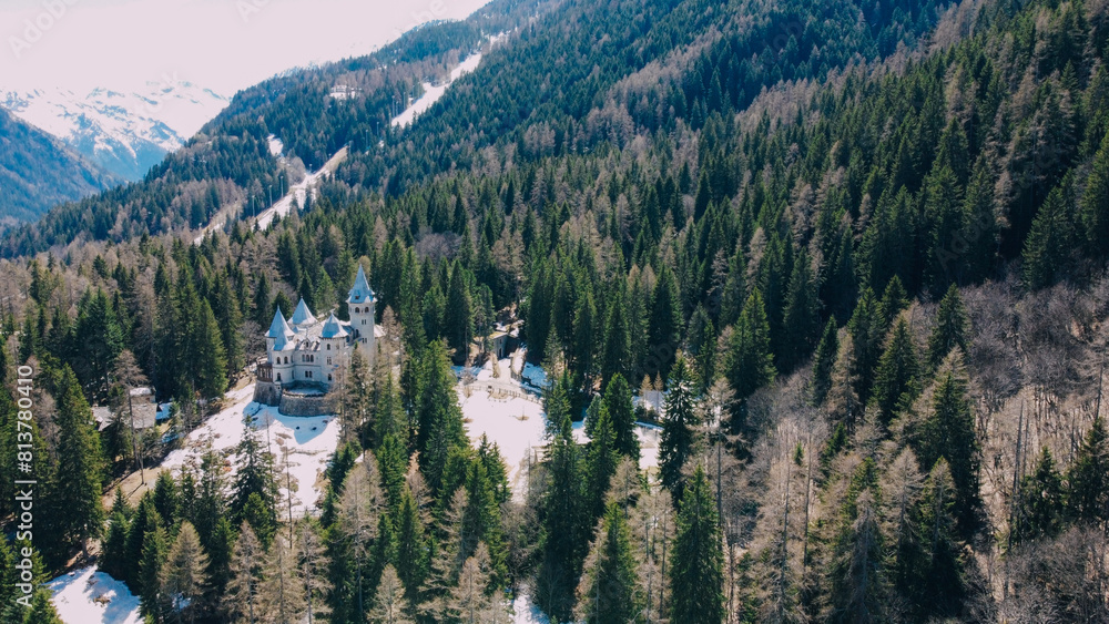 Aerial view of Savoy Castle situated in Gressoney-Saint-Jean, Italy. It ...