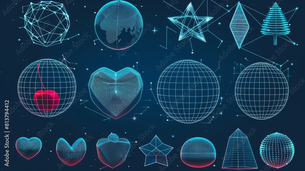 Abstract wireframe shapes set isolated on white background. Modern ...