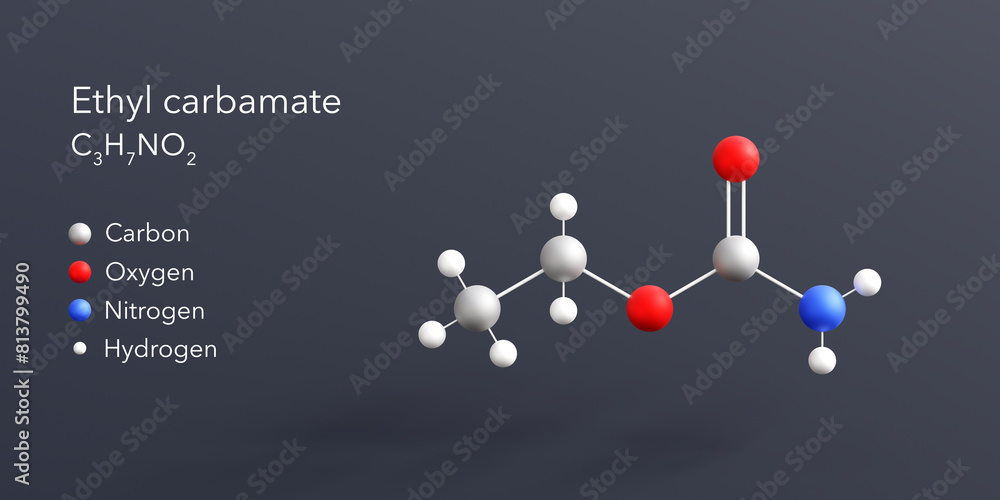 ethyl carbamate molecule 3d rendering, flat molecular structure with ...
