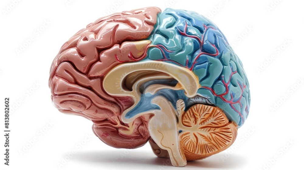 Anatomical model of the human brain, colorcoded regions, educational ...