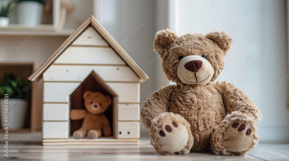A charming teddy bear adorns the house with a brown bear doll elegantly ...