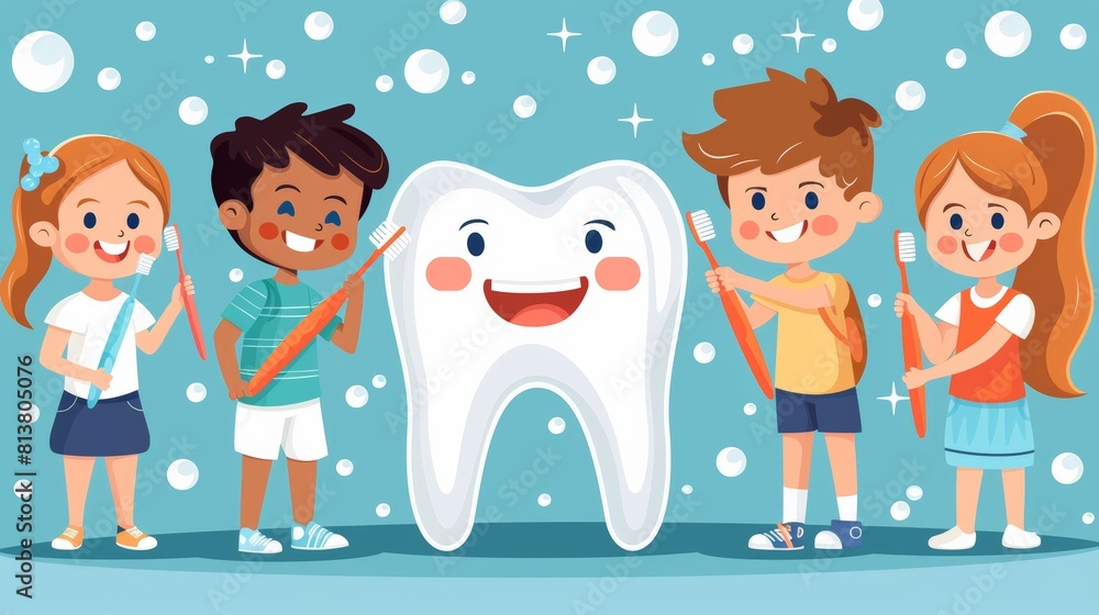 group children happily brush their teeth, Diverse group of four ...