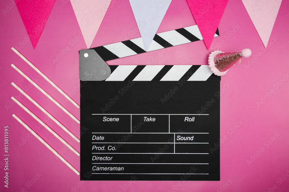 Cinema clapper board and birthday decorations, festive atmosphere ...
