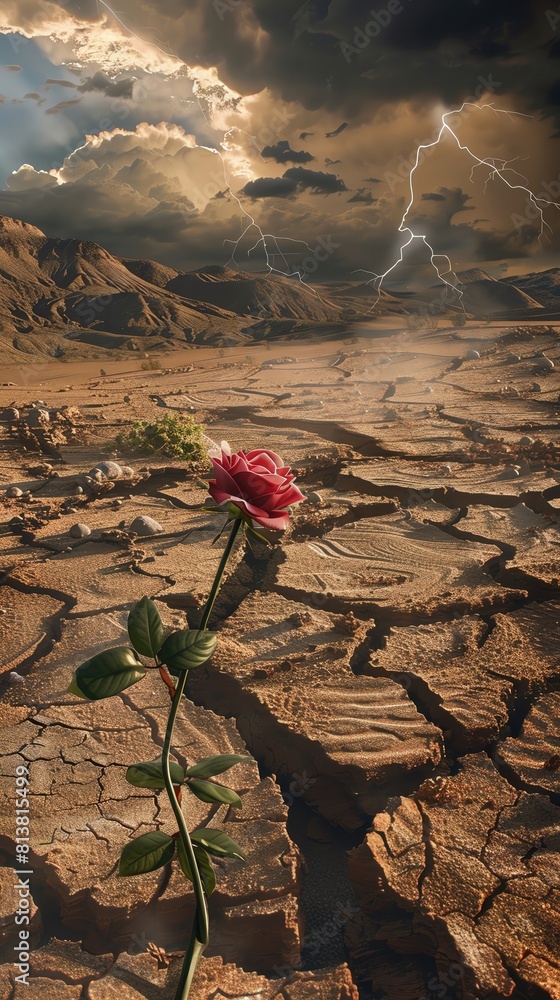 Cracked earth with desert rose and distant storm front view ...