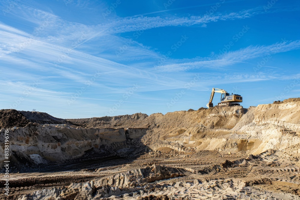 Excavation activity on construction site with blue sky background. Open ...
