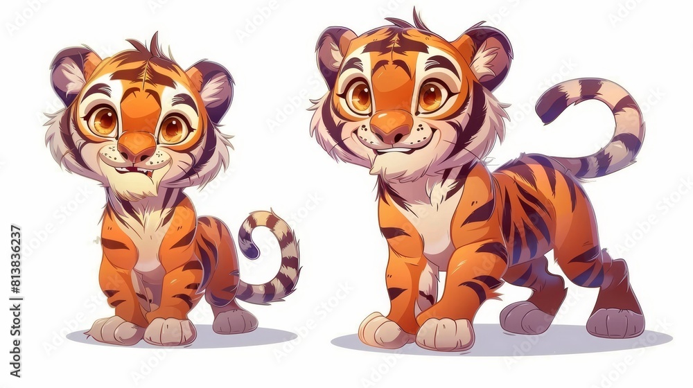 Cartoon tiger cub standing with arms akimbo, hunting, slinking, and ...
