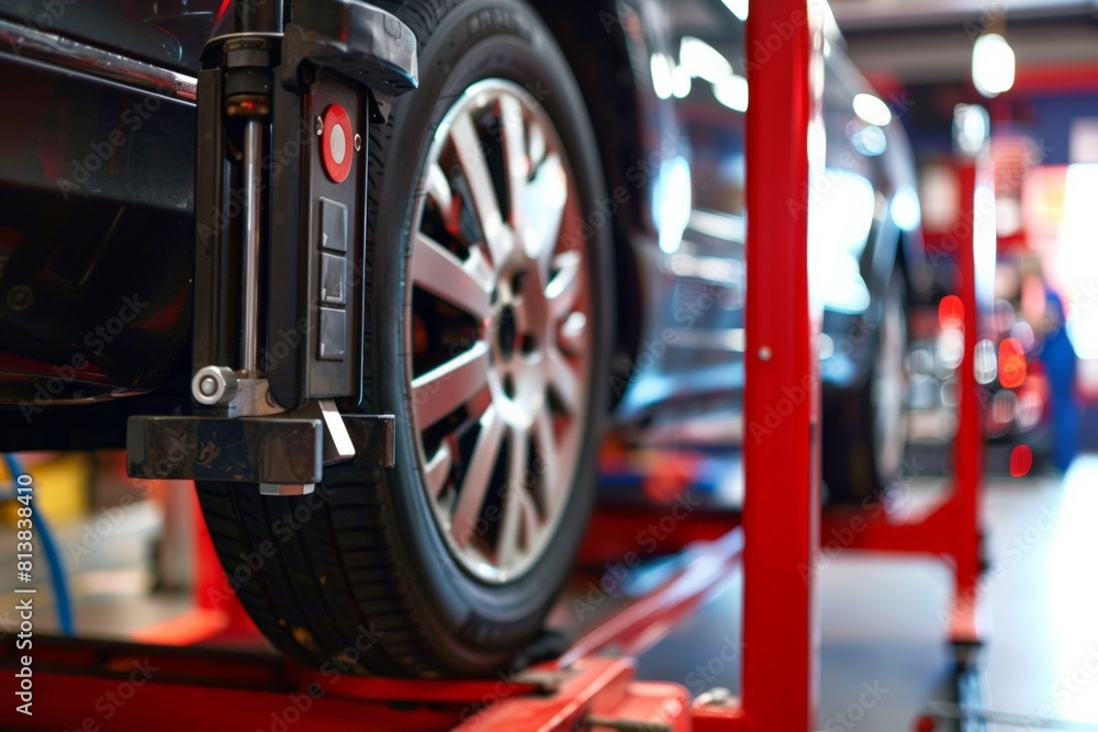 Detailed view of wheel alignment process, Side view of red car on lift ...